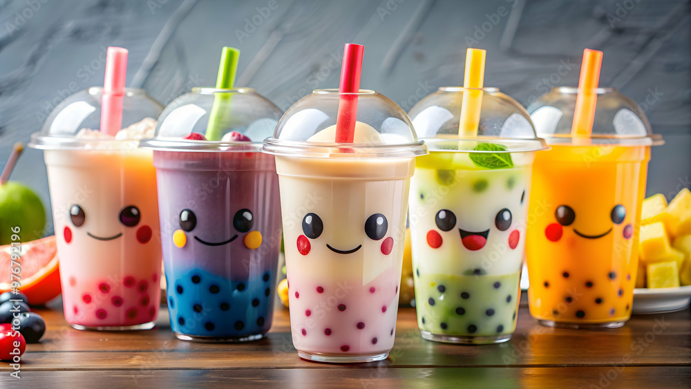 Colorful bubble tea featuring cute kawaii design with fruity flavors ...