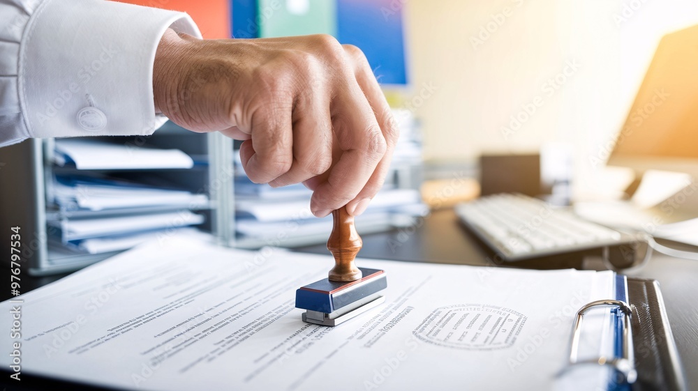 Official Document Stamping - Legal Approval. A businessman applies a ...