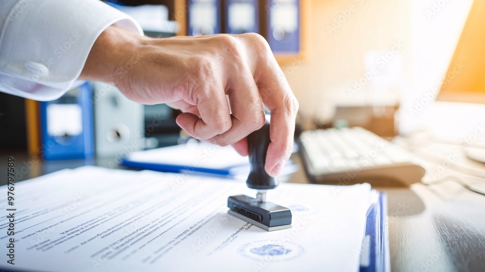Official Document Stamping - Legal Approval. A businessman applies a ...