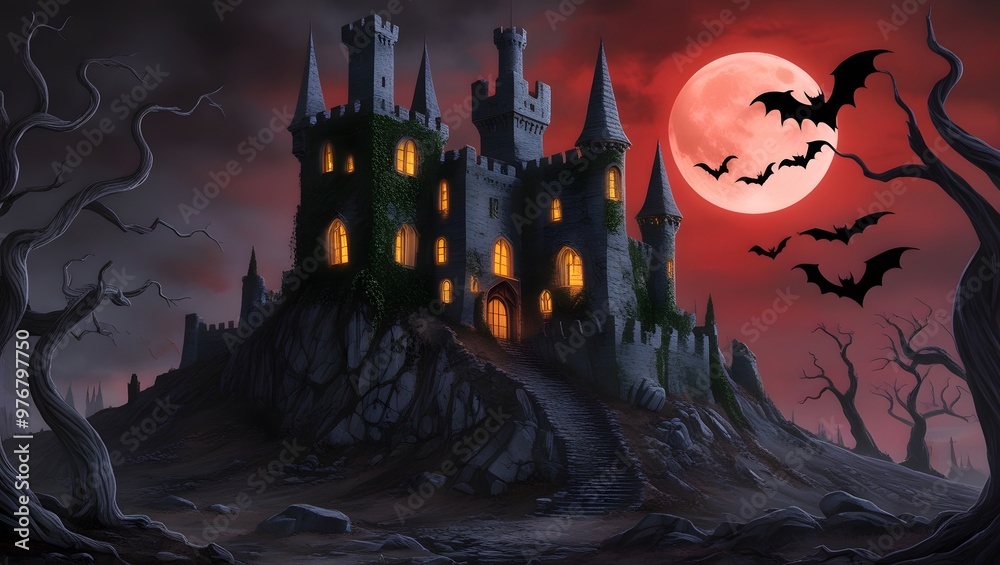 Vampire Castle on a Hill Under a Blood Moon A dark gothic castle ...