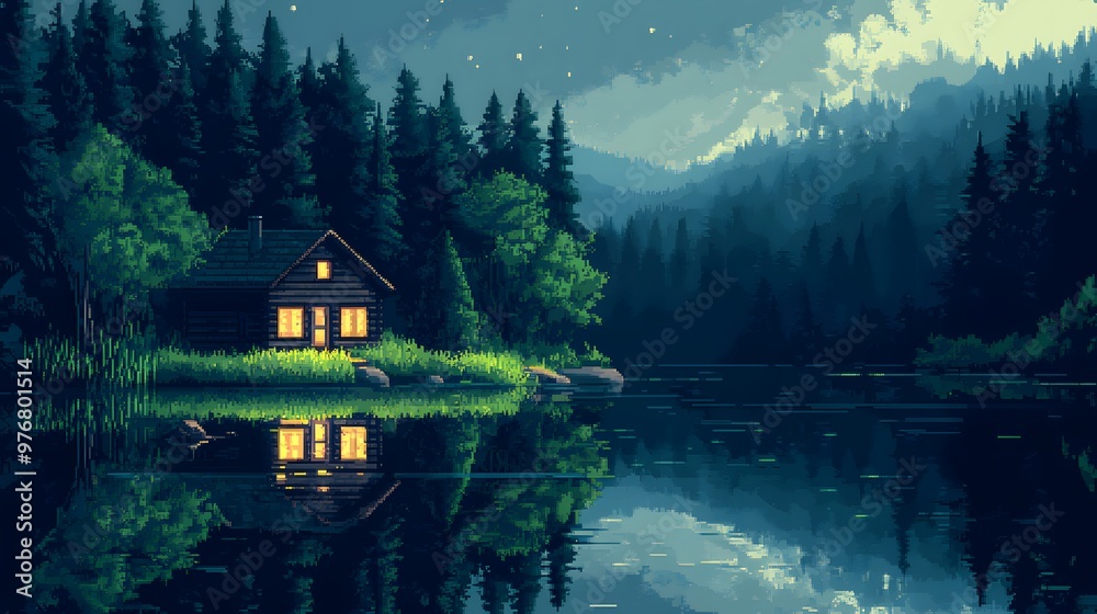 Pixel art landscape featuring a serene lakeside cabin with pixelated ...