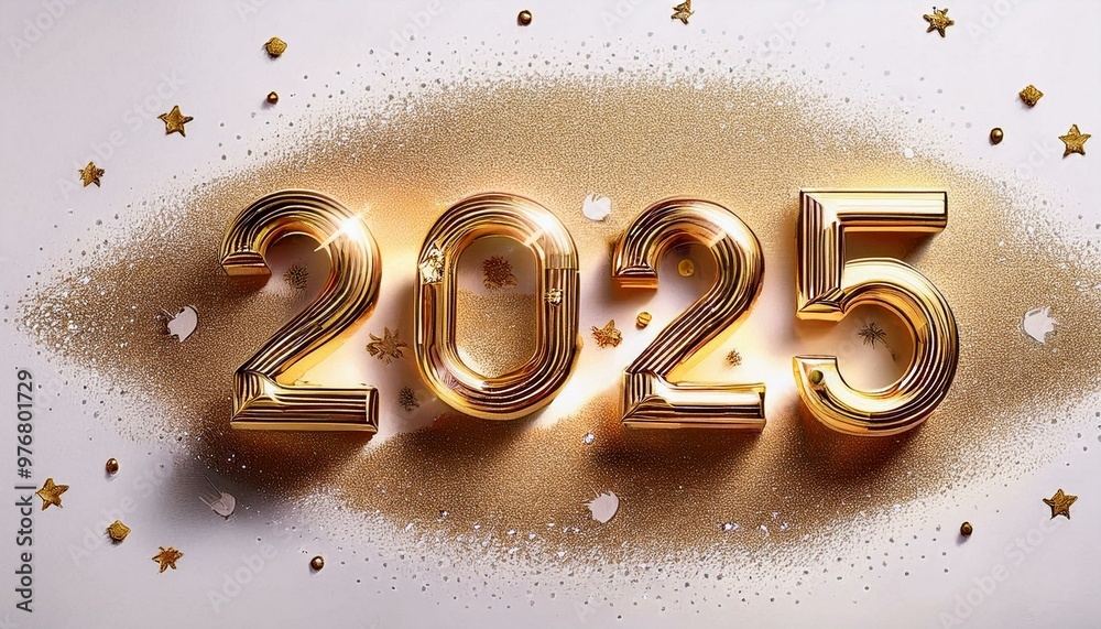 Celebrate 2025 with shining golden 3D numbers. Glittering and elegant ...