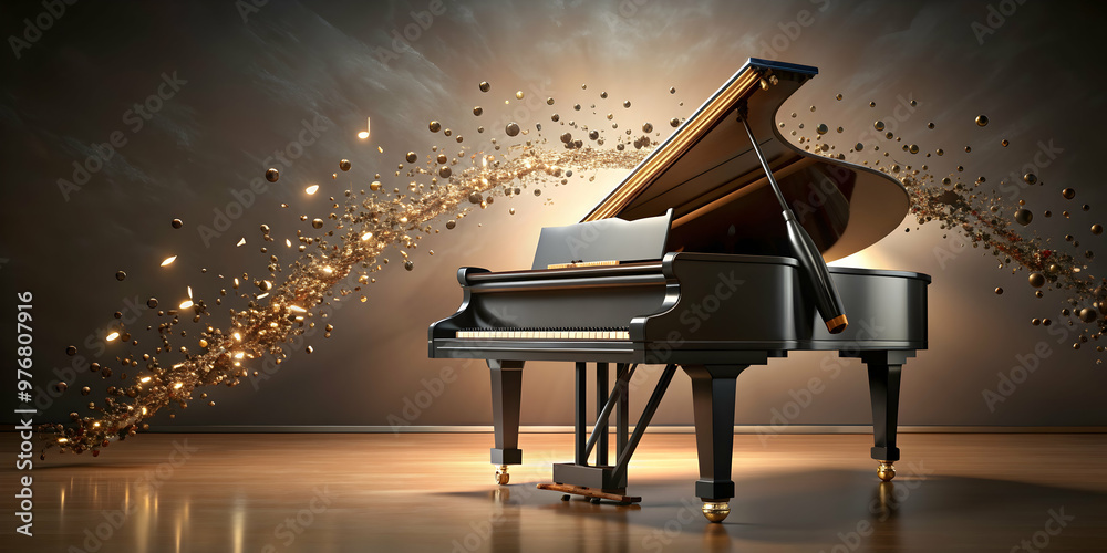 Grand piano with floating musical notes on solid background, music ...
