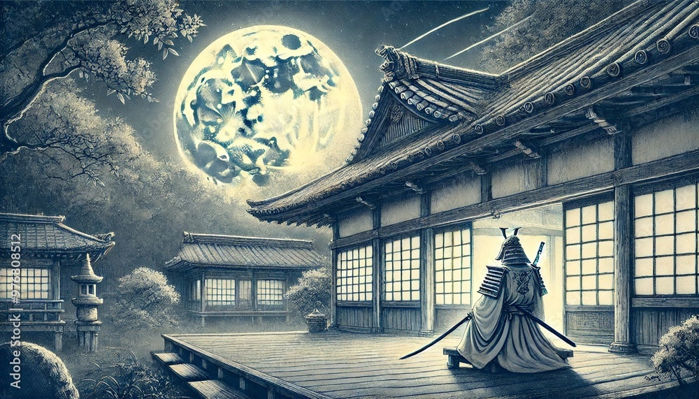 A samurai in light robes, carrying a katana, sits on the veranda of a ...