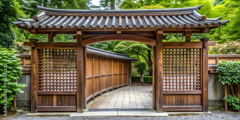 Traditional Japanese garden gate made of wood with intricate lattice ...
