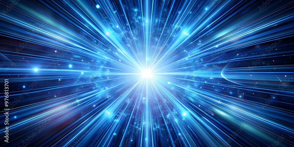 Blue energy beams shot in a particle accelerator from the front view ...