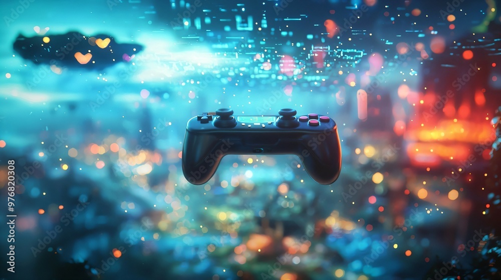 Close-up of joystick controller hovering over vibrant video game screen ...