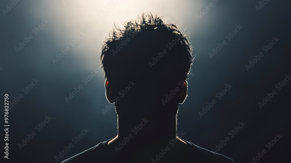 A man's head is shown in silhouette, with his face and hair obscured ...