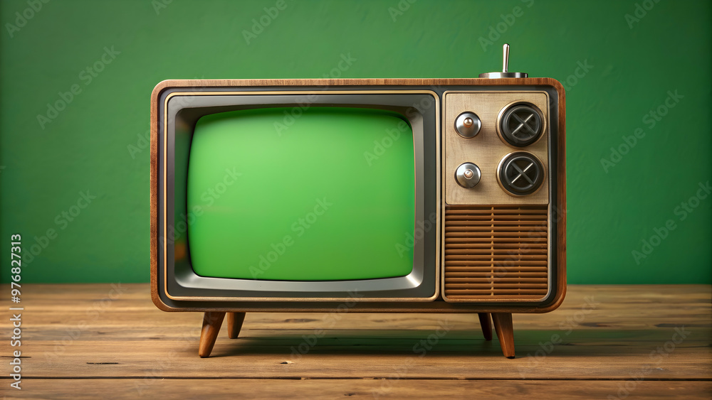 Vintage toy TV with buttons and green screen for analog transmissions ...