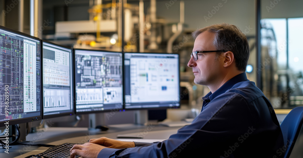 Engineer Monitoring Multiple Control Systems On Three Screens In An Industrial Control Room