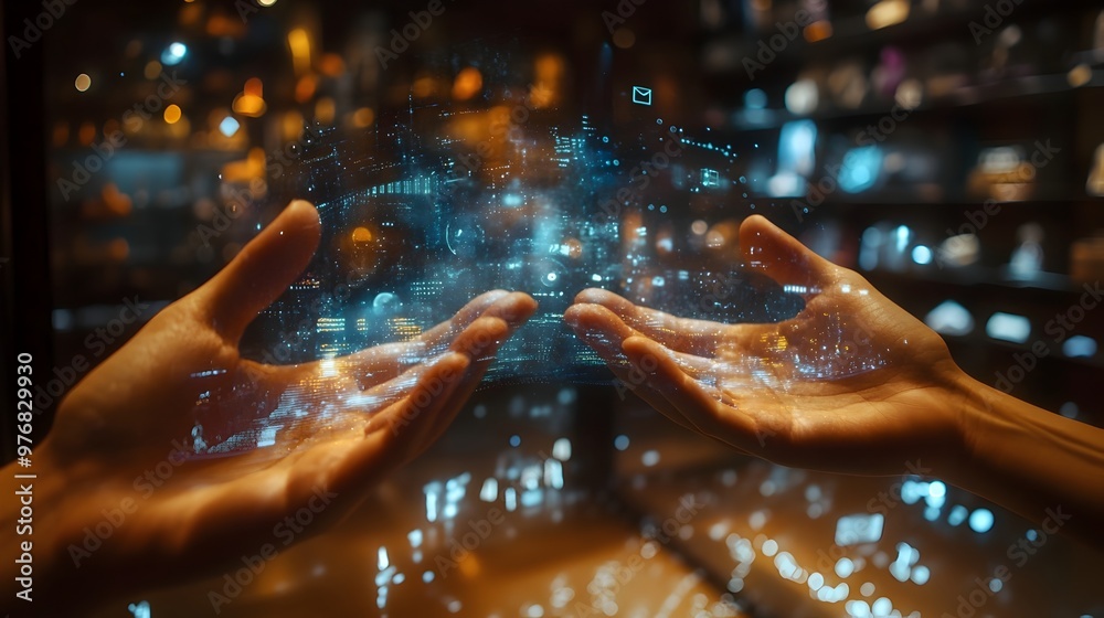 Hands Browsing Floating Holographic Retail Items in Immersive Virtual ...