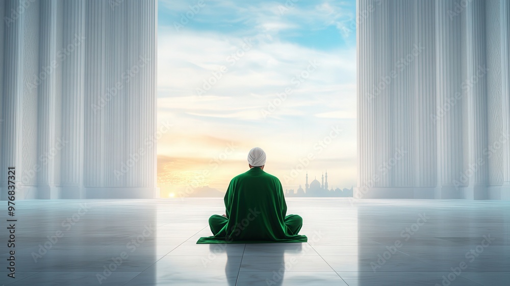 Sufi Man in Green Abaya in Grand Mosque, a serene male figure in ...