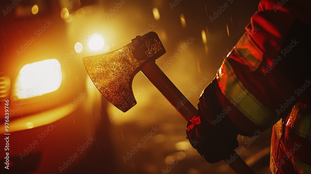 Close-up candid shot of a firefighters hand gripping a fire axe, with ...