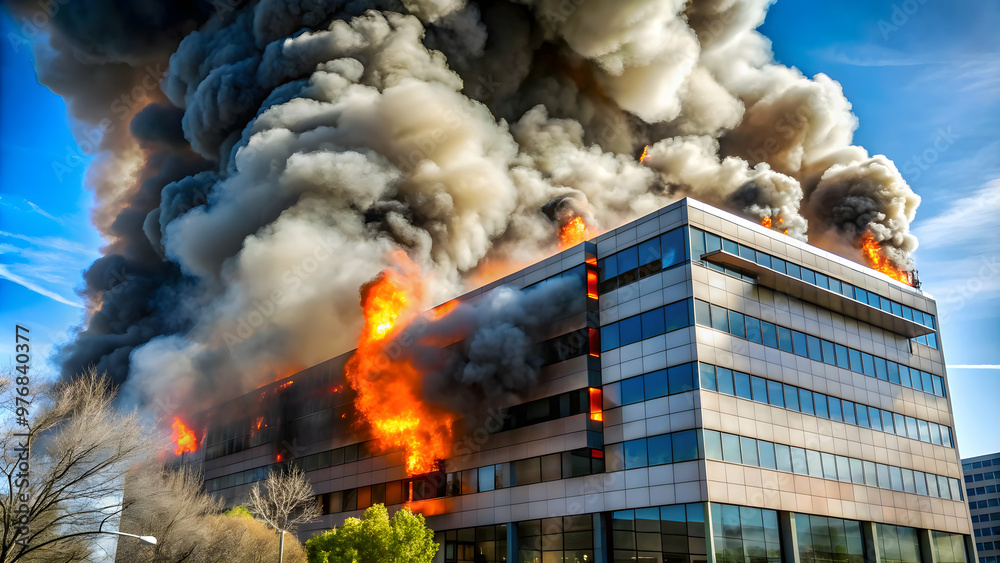 An office building on fire with smoke billowing out , office, fire ...