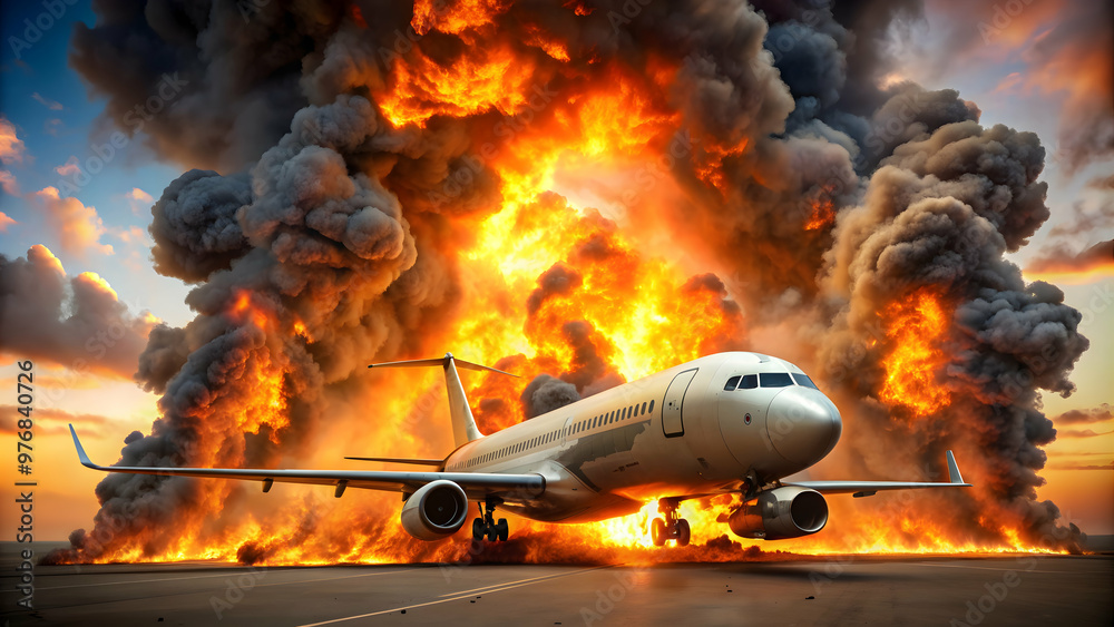 Crashed plane engulfed in flames after a plane crash, airplane ...