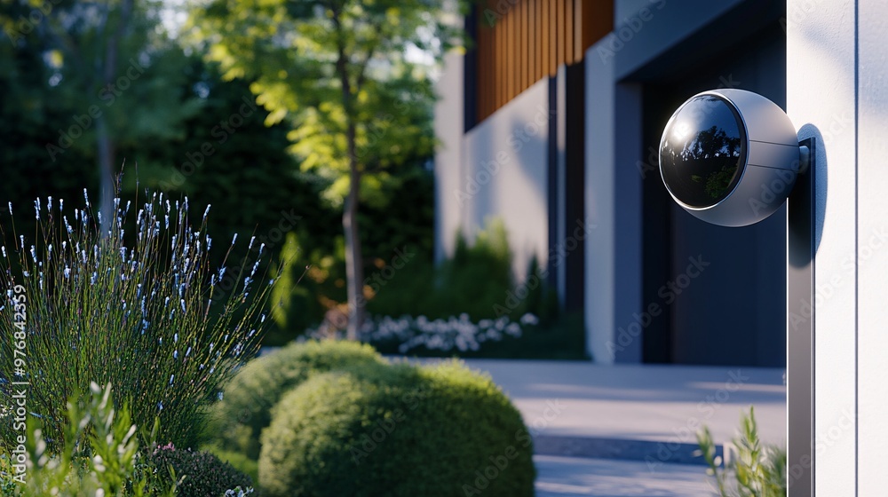 Modern security camera installed outside a contemporary home ...