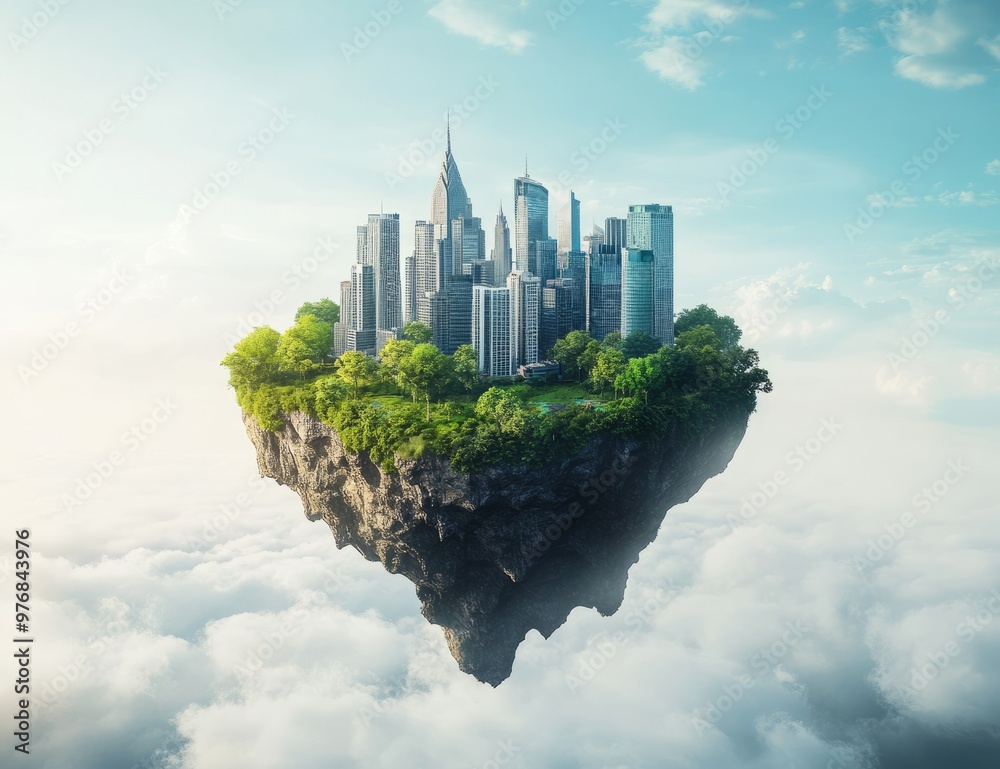 Floating green island with a modern city skyline above clouds in a ...