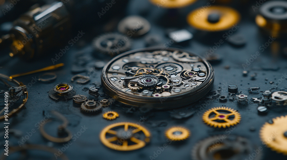 Intricate dismantled mechanical watch with detailed gears and springs ...