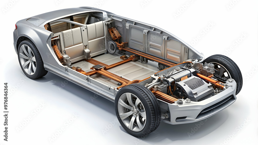 Detailed of an electric car's internal structure, showing the battery ...