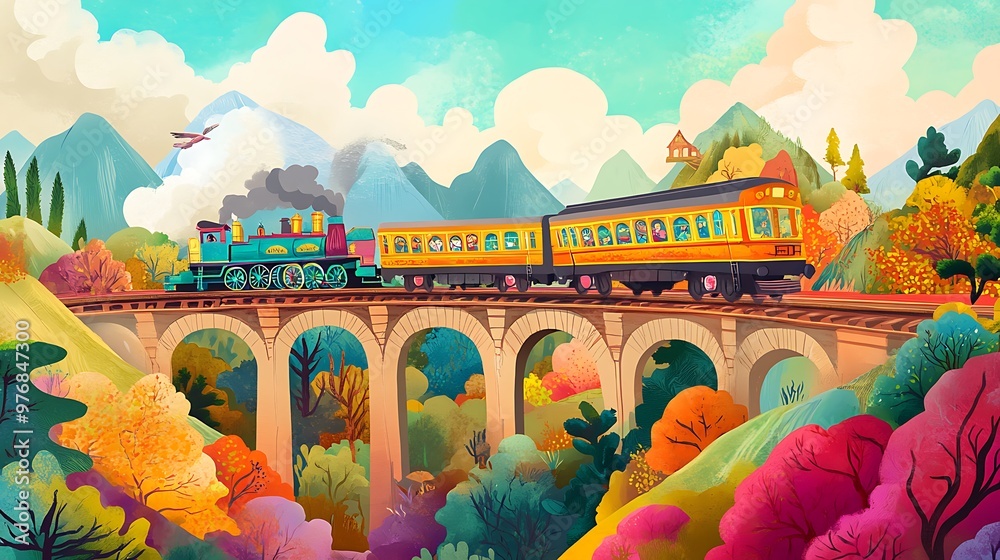 Cartoon Train Crossing Scenic Bridge with Colorful Fall Foliage Stock ...