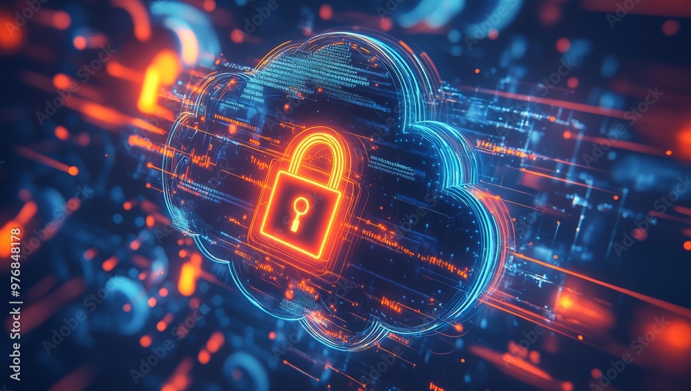 Abstract illustration of cloud security services, stylized cloud icon integrated with a secure ...