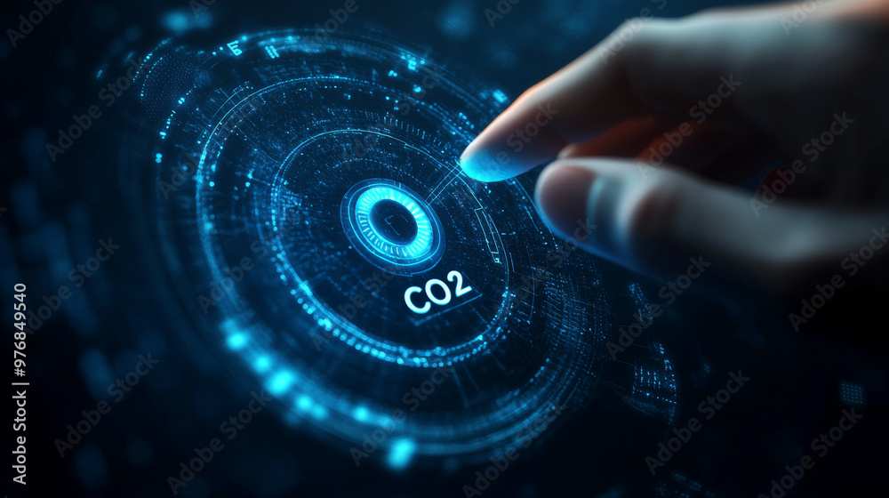 Carbon dioxide emissions control concept: reducing CO2 levels. A wireframe hand adjusts a carbon ...
