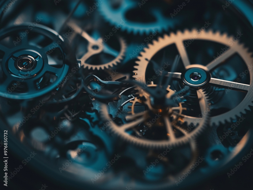 Intricate dismantled mechanical watch with detailed gears and springs ...