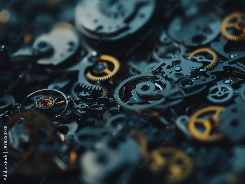 Intricate dismantled mechanical watch with detailed gears and springs ...