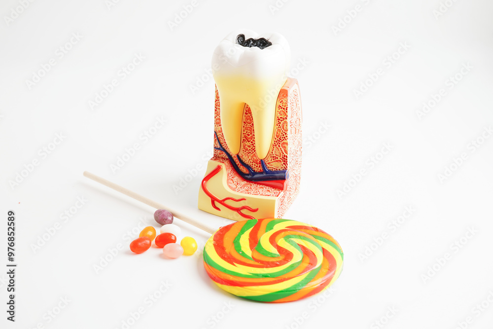 Tooth decay with sweet sugar candy, bad food for dental health care ...