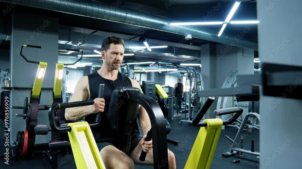 Athlete making exercise for back on row machine. Handsome athlete ...