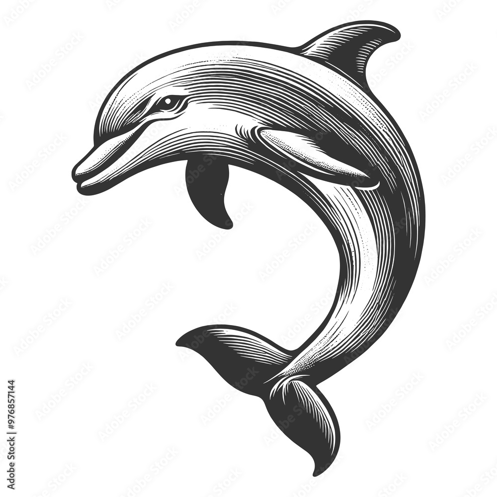 dolphin in mid-leap, detailed with line work and a classic vintage ...