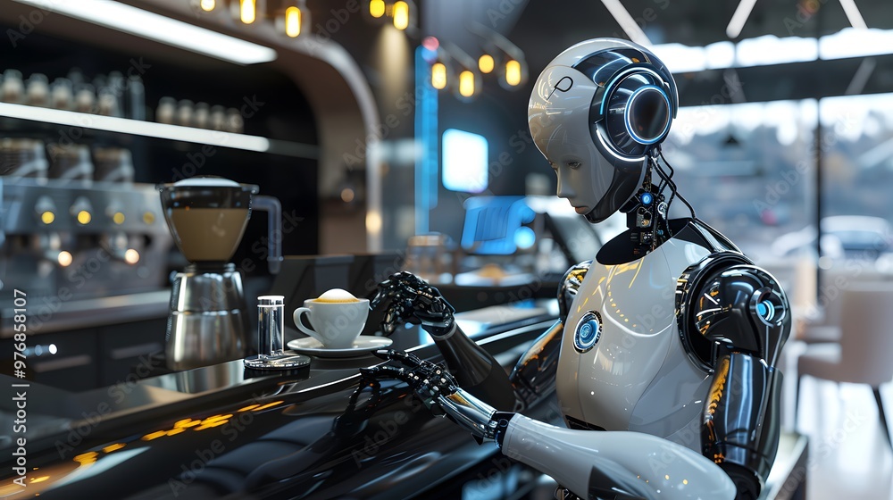 Robotic Barista: A robot barista making a latte in a futuristic café ...