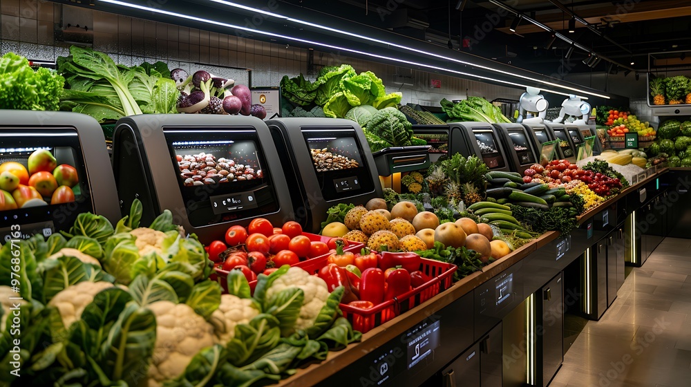 Fresh Produce Display in Modern Grocery Store with Automated Vending ...