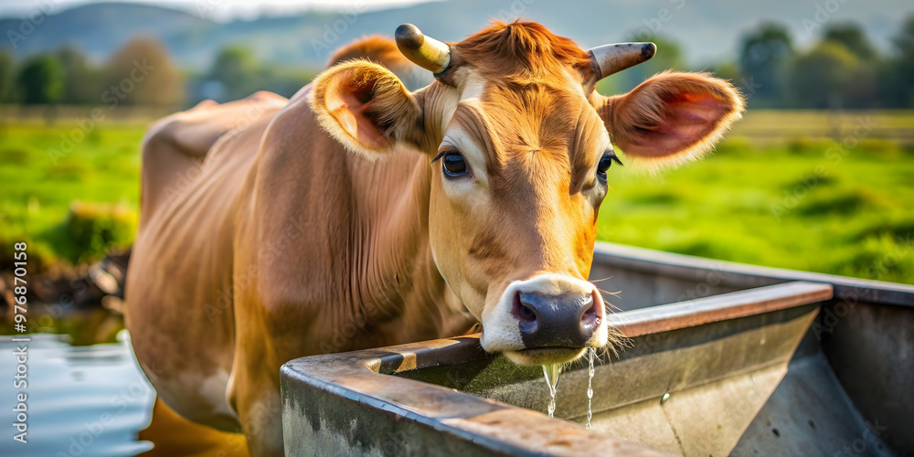 Portrait of barn cow drinking from a water trough, cow, barn, farm ...