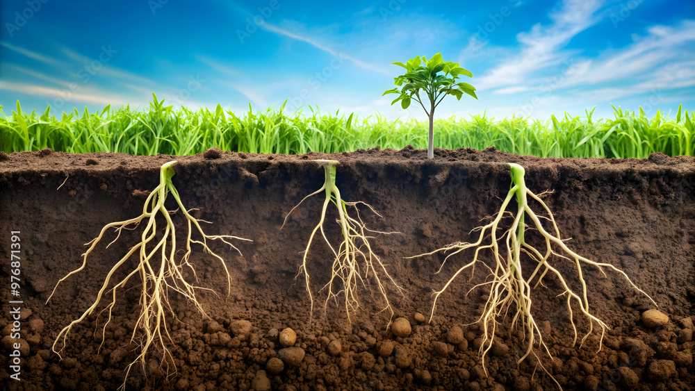 Close up view of plant roots underground with layers of soil cross ...