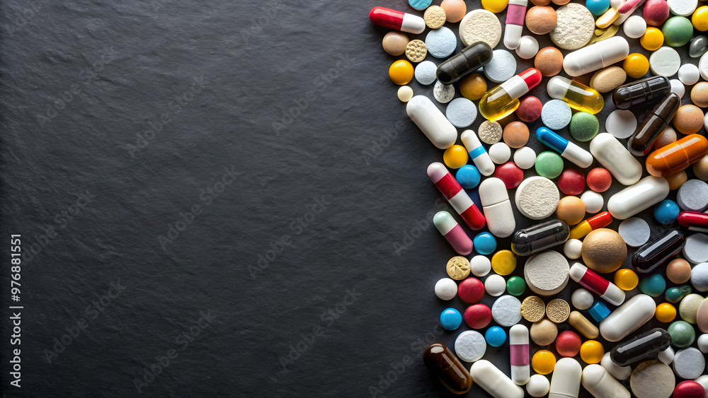 Top-down view of an array of medicines on a black backdrop , medication ...