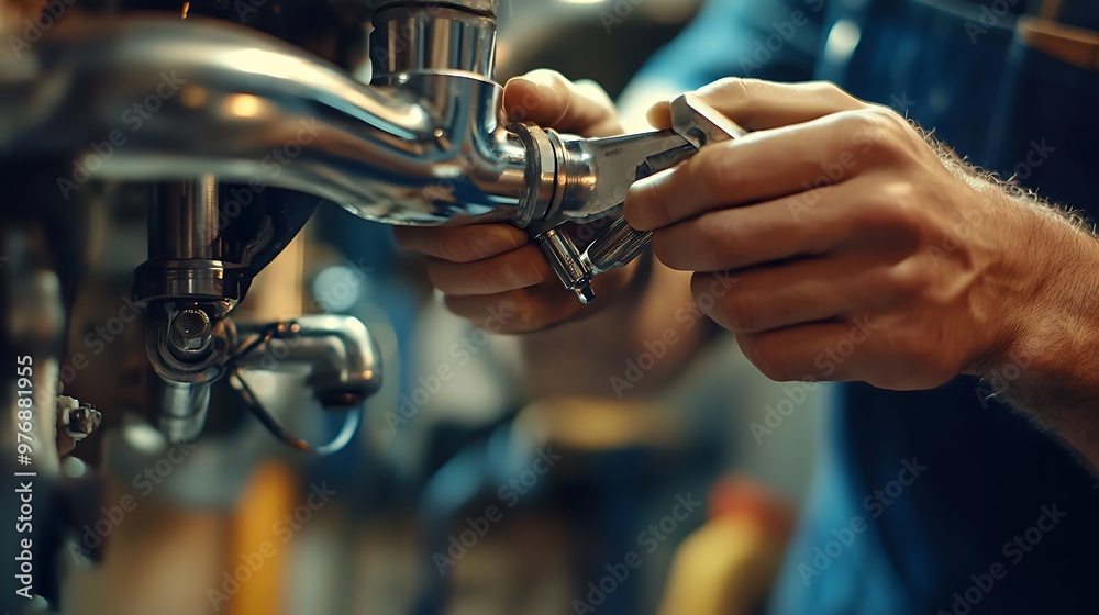 Hands of a home plumber tightening a pipe fitting under a sink with a ...