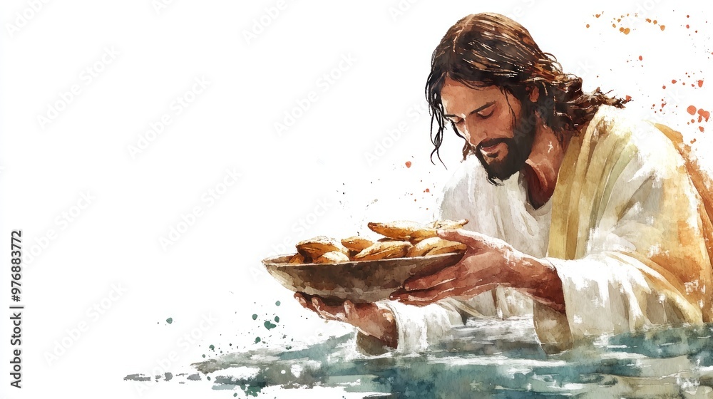 Jesus feeding the five thousand with loaves and fish, illustrated in ...