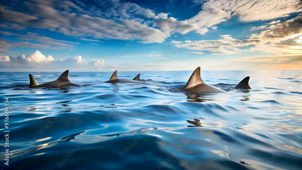 Shark fins circling above the ocean water, rendering, shark, fins ...
