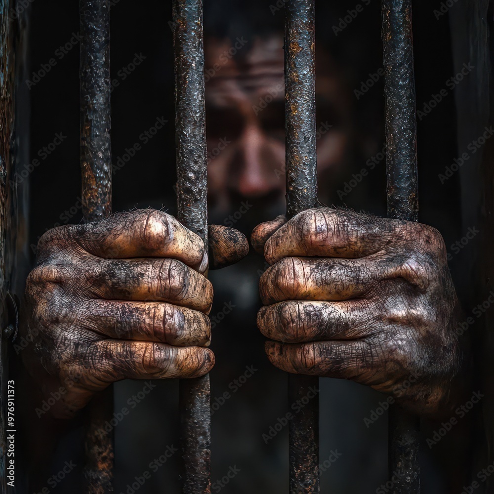 Prisoner's hands clenched around cold iron bars, immersed in dramatic ...