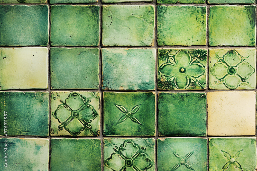 Emerald bricks. Brick type tile with white seams. Bricks are laid out ...