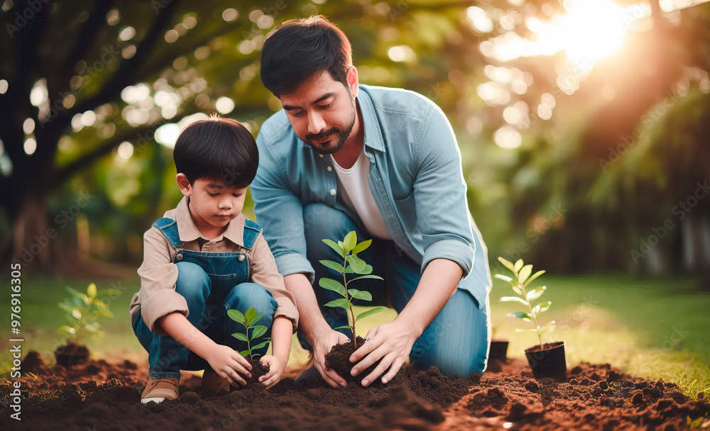 Father and son planting young sprout together, teaching importance of ...