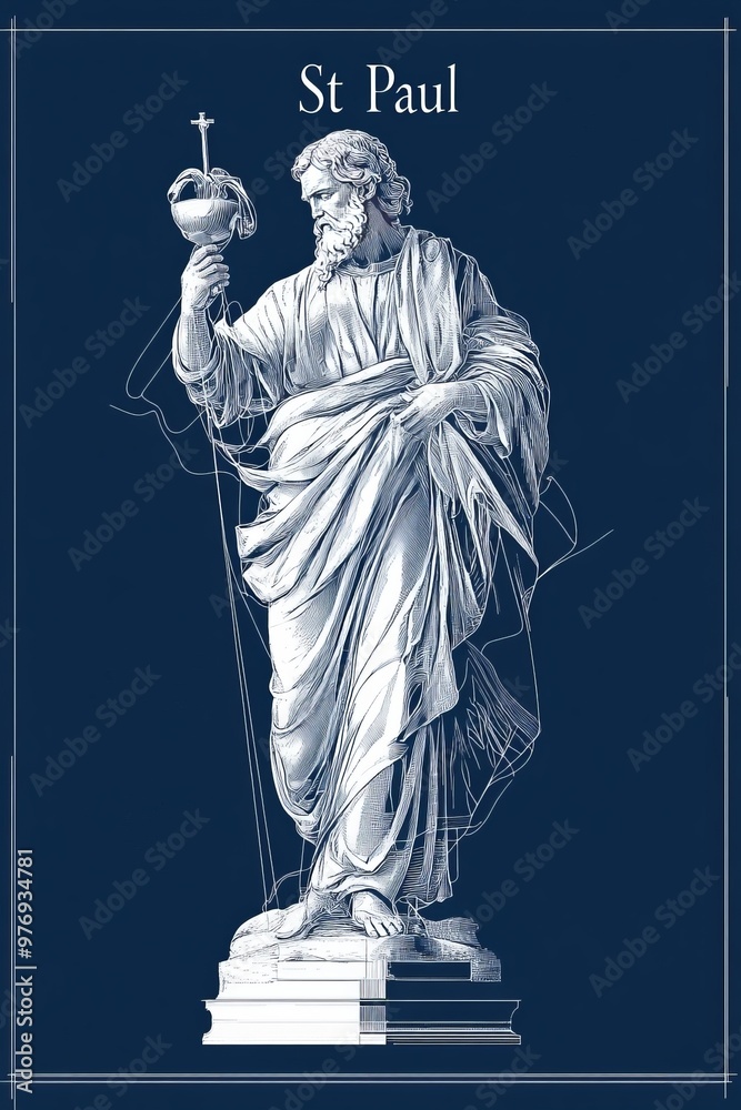 White marble statue of Saint Paul is holding his holy grail, a ...