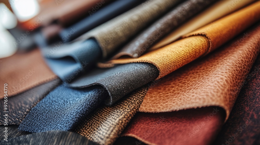 Color samples of different fabrics and leather in the colors of ...