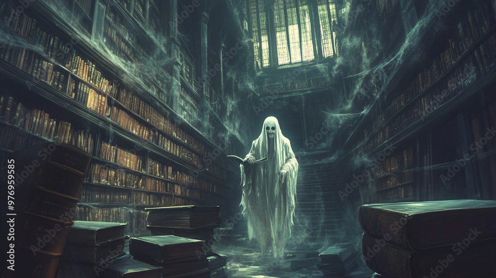 A ghostly figure with a ghastly smile, floating through a deserted ...