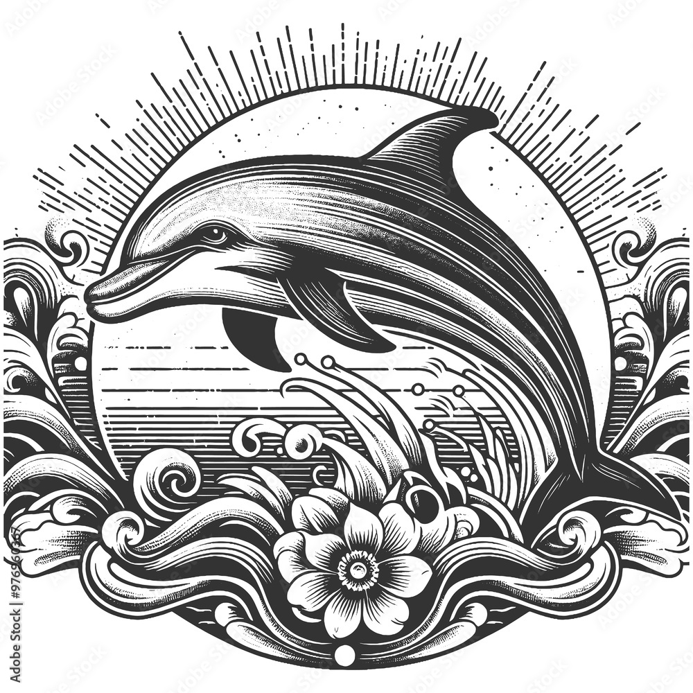 dolphin leaping from waves, surrounded by floral patterns, rendered in ...