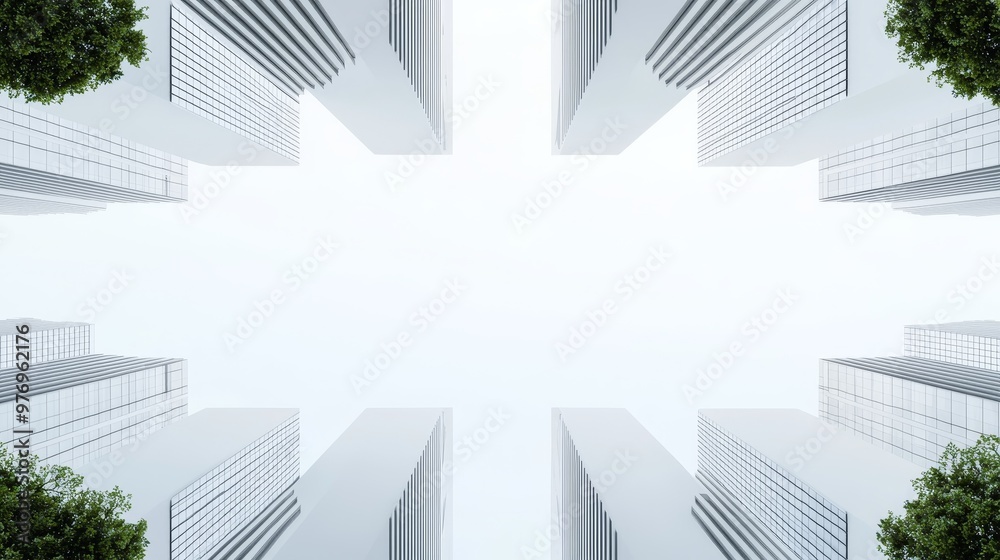 Illustrate a top-down perspective of a perfectly symmetrical modern ...