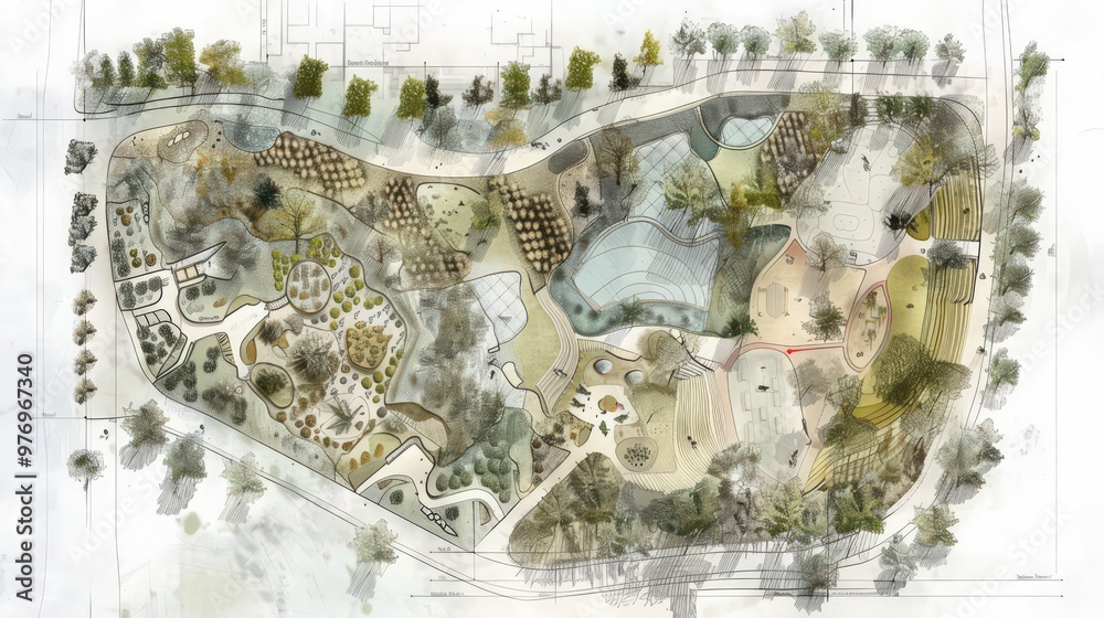 Blueprint of a human-made ecosystem, such as a botanical garden or ...