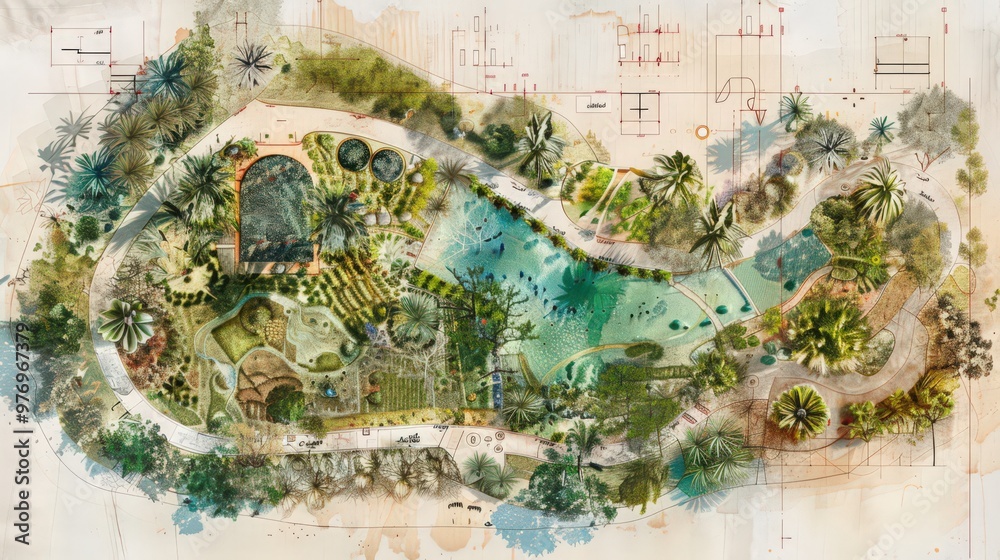 Blueprint of a human-made ecosystem, such as a botanical garden or ...