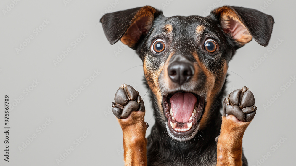 A surprised dog with its mouth wide open, placing both front paws on ...